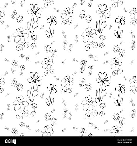seamless nature pattern with black and white hand drawn flowers of different sizes vector