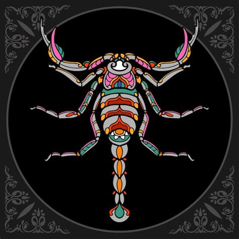 검은 배경에 고립 된 다채로운 전갈 Zentangle 예술 프리미엄 벡터