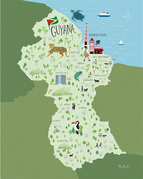 Guyana Illustrated Map Etsy Illustrated Map Map Caribbean Art