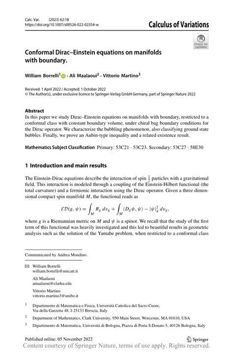 Conformal Diraceinstein Equations On Manifolds With Boundary Request Pdf