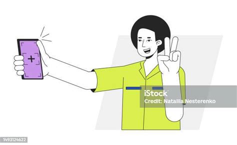 승리의 제스처를 가진 남자가 셀카를 위해 포즈를 취하는 플랫 라인 벡터 스팟 일러스트레이션 2차 도형에 대한 스톡 벡터 아트 및