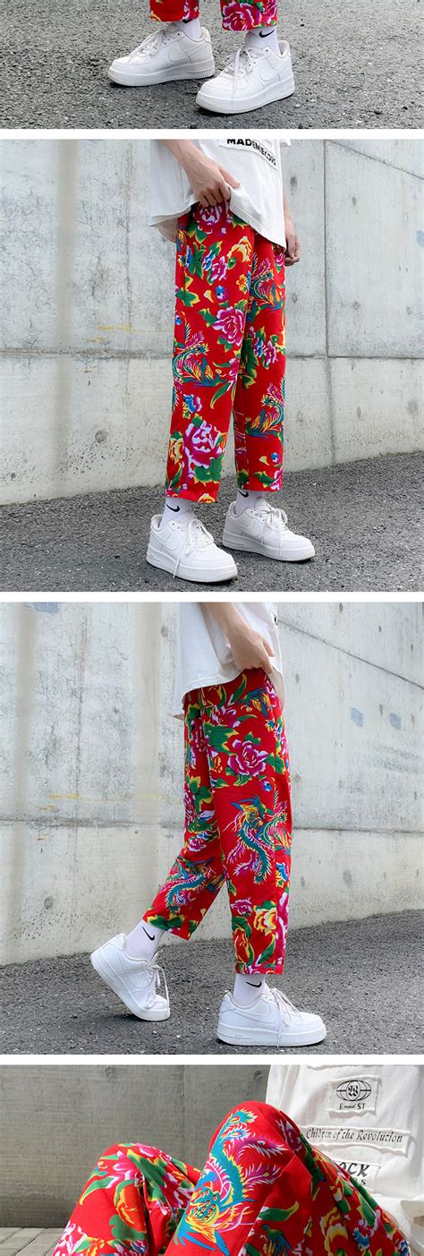 Xk01东北大花中国风休闲小西裤九分民族风牡丹花修身国潮男装裤 阿里巴巴