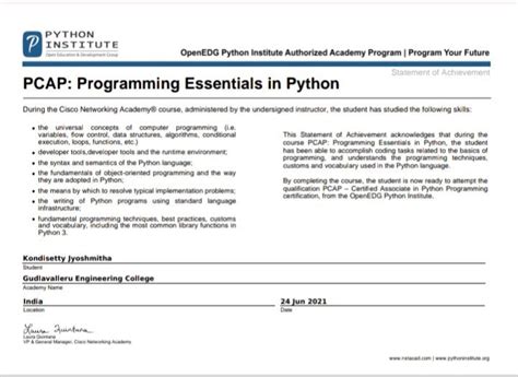Successfully Learned And Completed The Certification On Programming Essentials In Python During