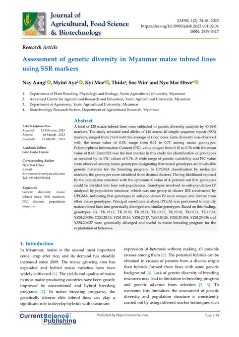 Pdf Assessment Of Genetic Diversity In Myanmar Maize Inbred Lines