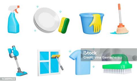 청소 3d 아이콘 세트입니다 청소 습식 및 건식 집 청소 서비스 스프레이 클리너 식기 세척 바닥 걸레 창문 청소 세탁 옷 투명한 배경에 격리된 벡터 그림 3차원 형태에 대한