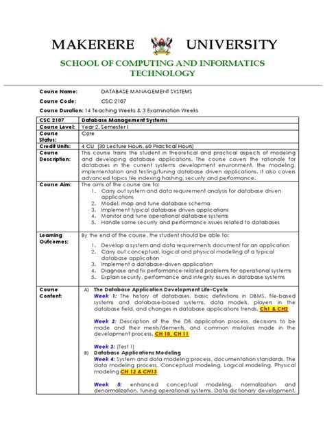 Csc2107 Cs2 Course Outline Dbms Adapted Pdf Databases Computing