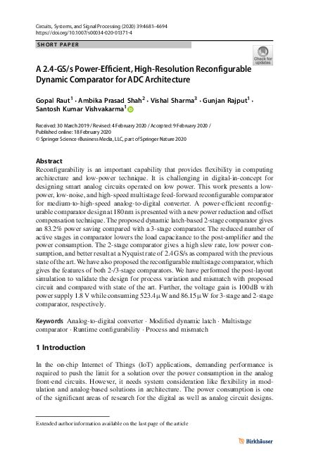 Pdf A 24 Gss Power Efficient High Resolution Reconfigurable Dynamic Comparator For Adc
