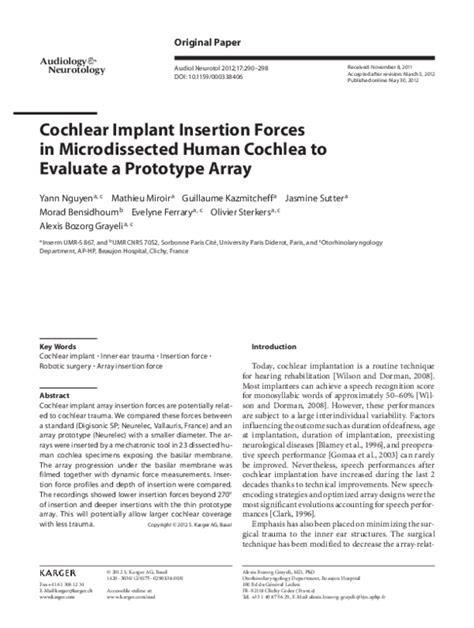 Pdf Cochlear Implant Insertion Forces In Microdissected Human Cochlea To Evaluate A Prototype