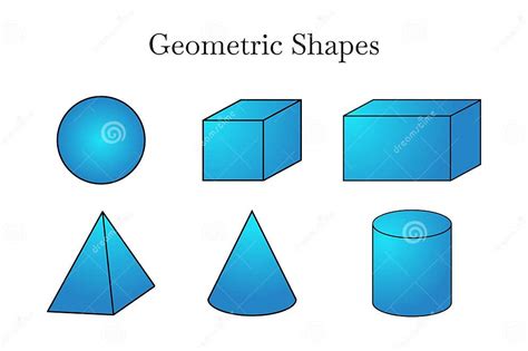 Blue 3d Geometric Shapes Of Sphere Cube Cuboid Pyramid Cone And Cylinder Stock Vector