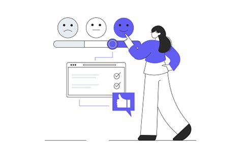 고객 만족 리뷰 피드백 여자는 그녀의 반응을 위해 좋은 미소를 선택합니다 평면 만화 벡터 일러스트 레이 션 아이콘 스타일리시한 추상 Brand Name Online