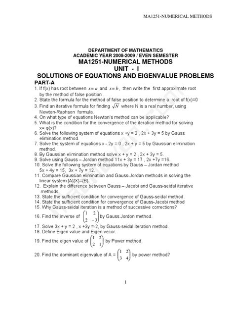 Ma1251 Numerical Methods Unit I Solutions Of Equations And Eigenvalue Problems Pdf Finite