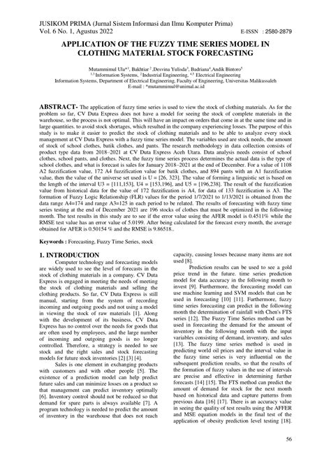 pdf application of the fuzzy time series model in clothing material stock forecasting