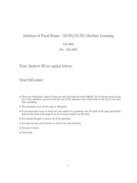 Solution Of Final Exam 10 70115 781 Machine Learning Fall 2004 Dec