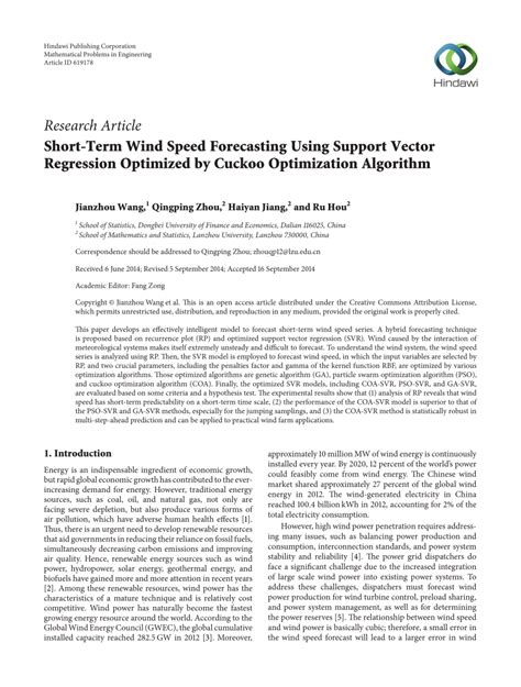 Pdf Short Term Wind Speed Forecasting Using Support Vector Regression Optimized By Cuckoo