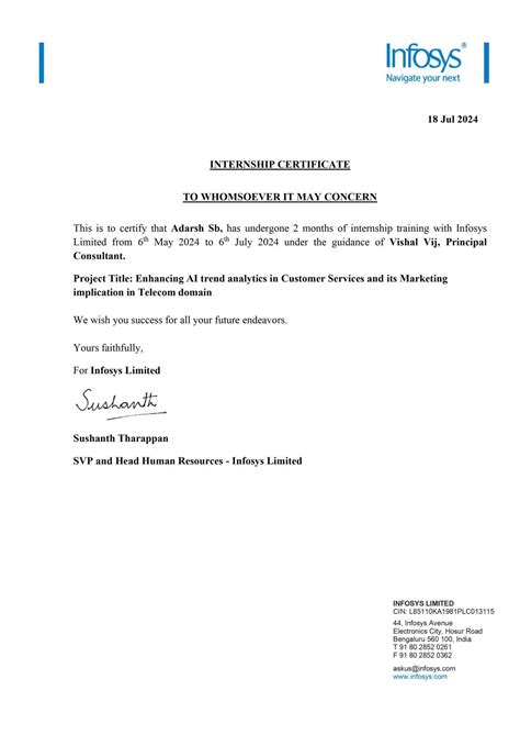 Adarsh S B On Linkedin Internship Infosys Telecom Generativeai