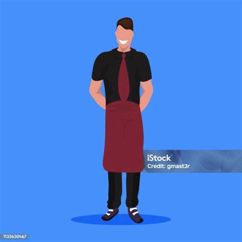 전문 남자 웨이터 유니폼 서 있는 포즈 레스토랑 직원 전문 직업 개념 남성 만화 캐릭터 전체 길이 파란색 배경 플랫 개념에 대한 스톡 벡터 아트 및 기타 이미지 Istock