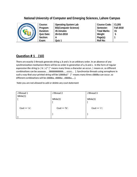 Quiz 1 National University Of Computer And Emerging Sciences Lahore Campus Course Operating