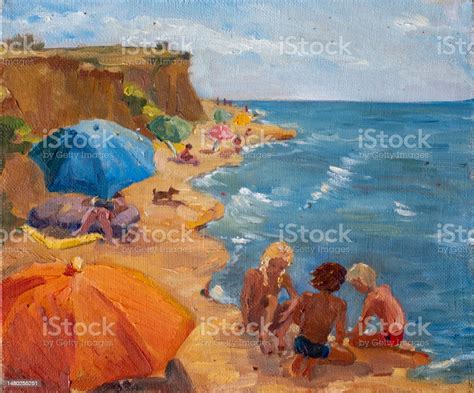 주황색 우산을 쓴 바다 풍경과 모래사장에서 노는 아이들 유성 페인트로 손으로 그린 풍경 수평 유화 물감에 대한 스톡 벡터 아트 및 기타 이미지 Istock