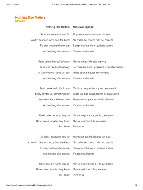 Nothing Else Matters En Español Metallica Pdf Grabación De