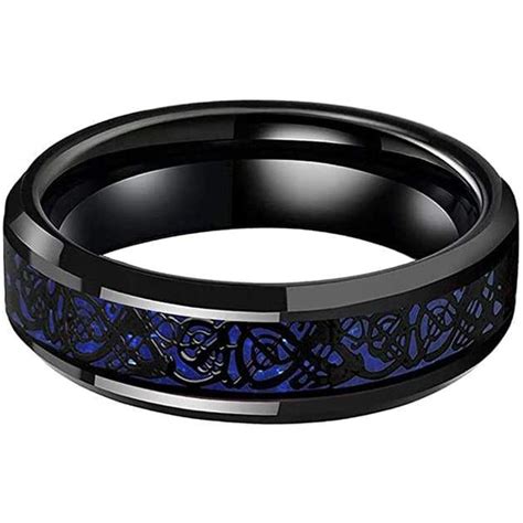 Sidney Beveled Black Tungsten Carbide Ring Blue Celtic Dragon Design