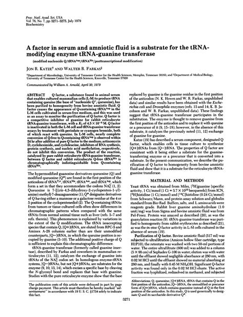 A Factor In Serum And Amniotic Fluid Is A Substrate For The Trna Modifying Enzyme Trna Guanine