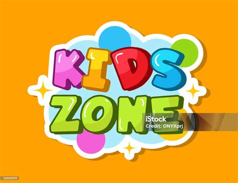 키즈 존 배너입니다 어린이 놀이방을위한 귀여운 로고 큰 화려한 문자 디자인 아기 스티커 벡터 일러스트 0명에 대한 스톡 벡터