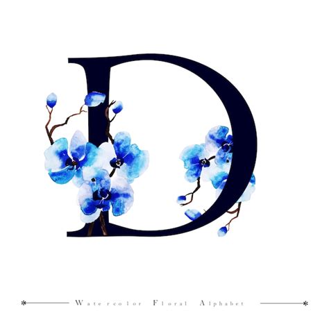 알파벳 문자 D 수채화 꽃 배경 프리미엄 벡터