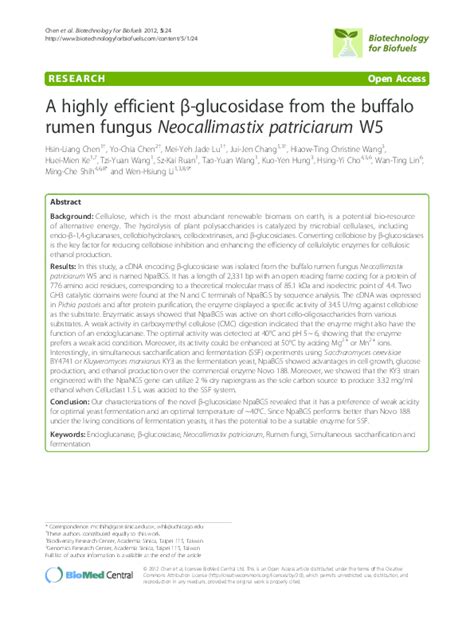 Pdf A Highly Efficient β Glucosidase From The Buffalo Rumen Fungus