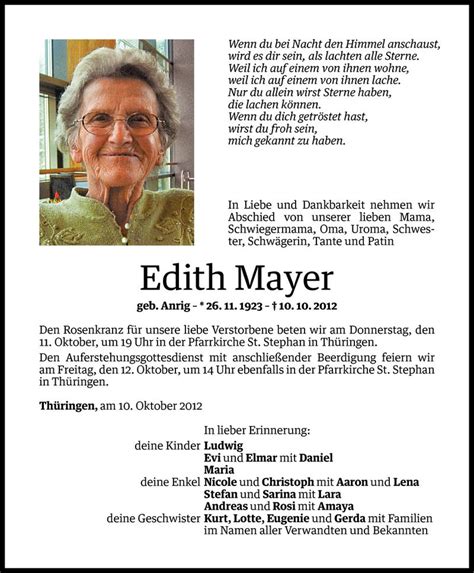 Todesanzeigen Von Edith Mayer Todesanzeigen Vorarlberger Nachrichten