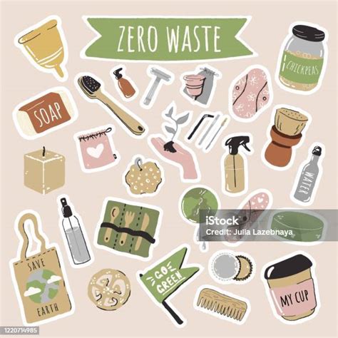 제로 폐기물 라이프 스타일 벡터 일러스트 세트 플라스틱 없음 에코 가방 나무 칼 붙이 빗 칫 솔 수세미 비누 샴푸 생리 컵 및 패드 열 머그잔 자연 보호 배너 스티커 목욕용
