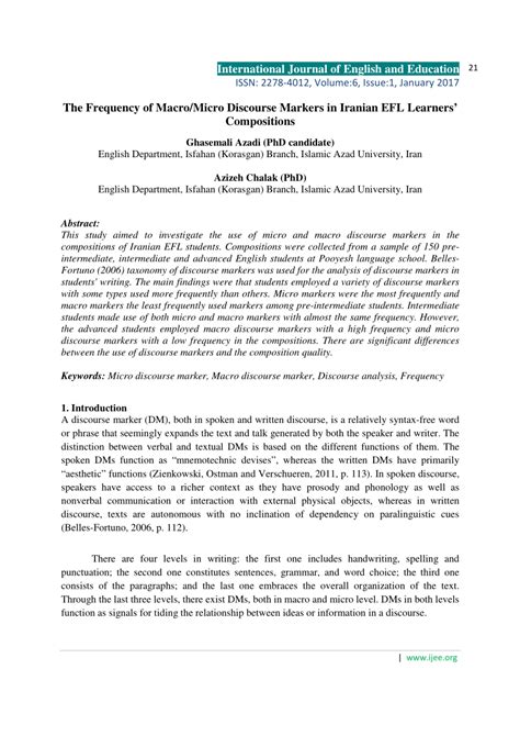 Pdf The Frequency Of Macro Micro Discourse Markers In Iranian Efl Learners Compositions