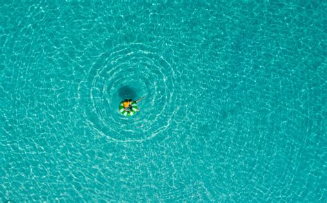 세이셸의 투명한 청록색 바다에서 수영 링 도넛에서 수영하는 슬림 한 여성의 공중 보기 소녀와 여름 바다 풍경 아름다운 파도 다채로운 물 드론에서 보기 공중 뷰에 대한 스톡