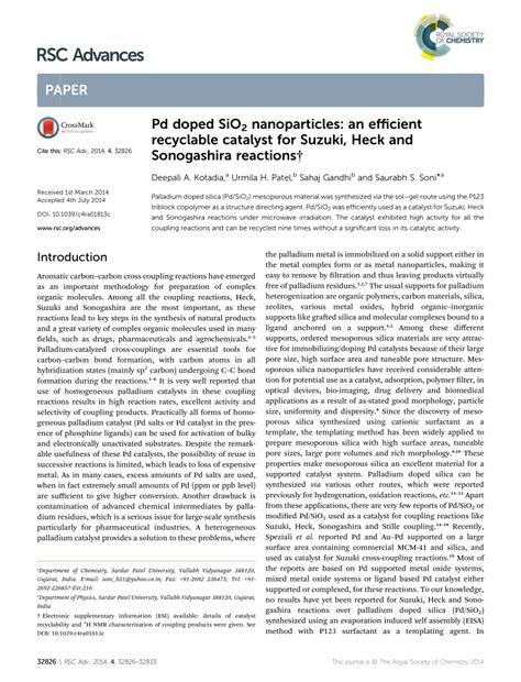 Pdf Pd Doped Sio2 Nanoparticles An Efficient Recyclable Catalyst For