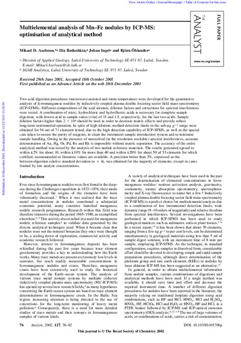 Pdf Multielemental Analysis Of Mnfe Nodules By Icp Ms Optimisation