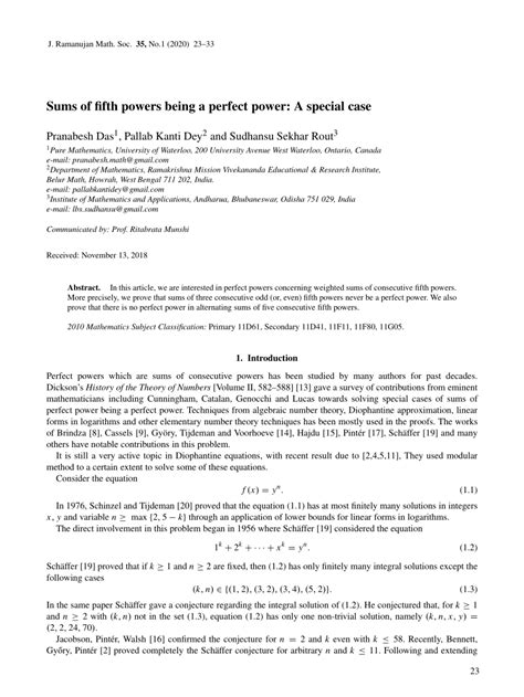 Pdf Sums Of Fifth Powers Being A Perfect Power A Special Case