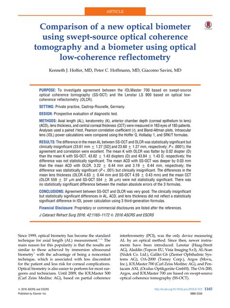 Pdf Comparison Of A New Optical Biometer Using Swept Source Optical
