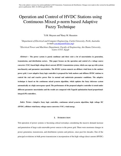 pdf operation and control of hvdc stations using continuous mixed p norm based adaptive fuzzy