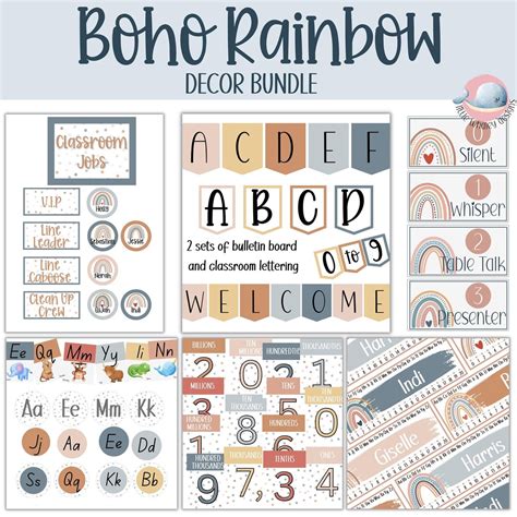 Boho Rainbow Classroom Decor Bundle Editable Printables Digital