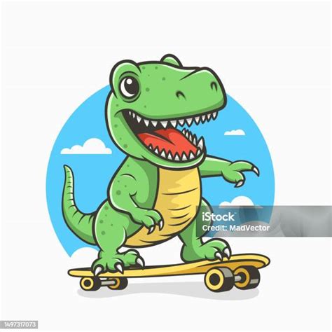 벡터 행복하고 웃는 공룡 만화 녹색 공룡 티라노사우루스 렉스 스케이트보드에 윤곽선이 있는 티렉스 디자인 템플릿 스케이터 공룡 재미있는 프린트 어린이를 위한 티셔츠 디자인