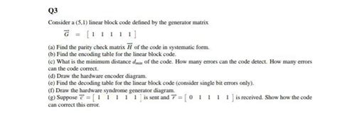 Solved Q3 Consider A 51 Linear Block Code Defined By The