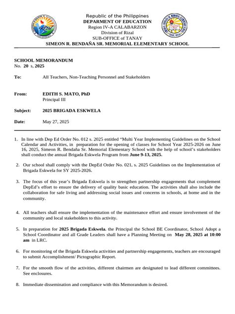 20 Brigada Eskwela Memo 2025 Pdf Governance Philippines