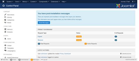 Help Extensions Module Manager Admin Privacy Dashboard Joomla