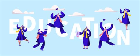 교육 대학 동기 인쇄 술 배너입니다 고등학교 졸업 파티 초대장 인쇄 포스터입니다 아카데미도 학생 그룹 문자 파티 전단지 서식 파일 벡터 평면 만화 일러스트 레이 션 졸업식에