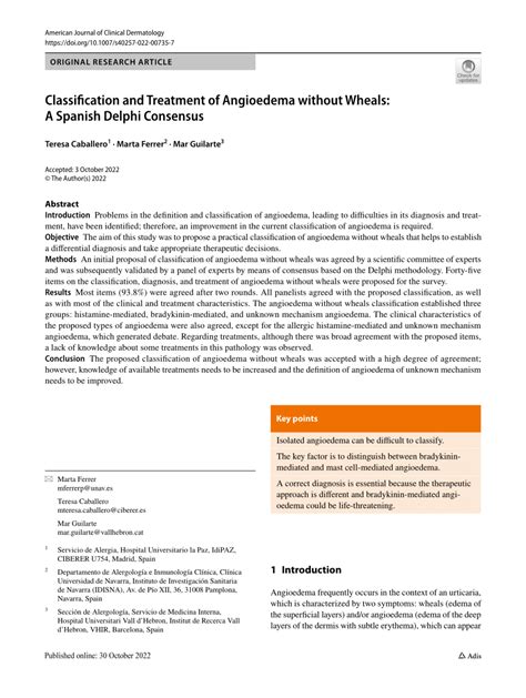 Pdf Classification And Treatment Of Angioedema Without Wheals A Spanish Delphi Consensus