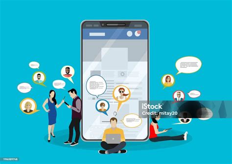 온라인 커뮤니티의 스마트폰 태블릿pc 등의 모바일 가젯을 사용하는 젊은이들의 소셜 네트워크 웹 사이트 서핑 컨셉 일러스트 플랫