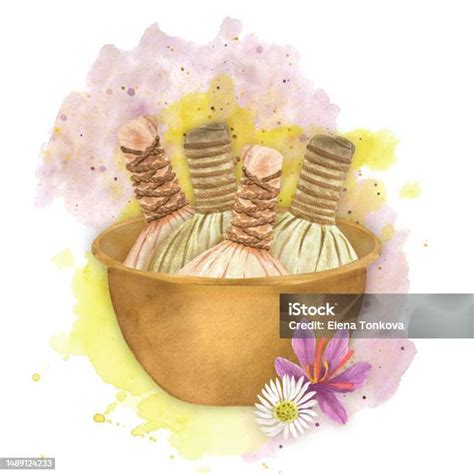 손으로 그린 수채화 그림은 마사지 허브 볼이 있는 황동으로 만든 금속 그릇입니다 아유르베다 오일 마사지를 위한 아이템입니다 이 그림은 엽서 브로셔 웹 디자인 및 스크랩북