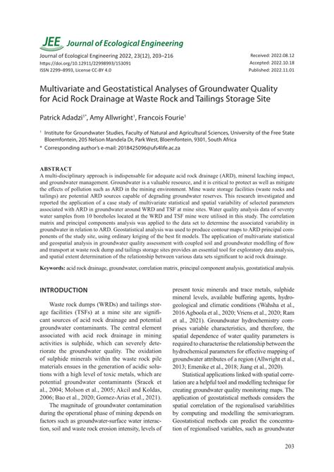 Pdf Multivariate And Geostatistical Analyses Of Groundwater Quality For Acid Rock Drainage At