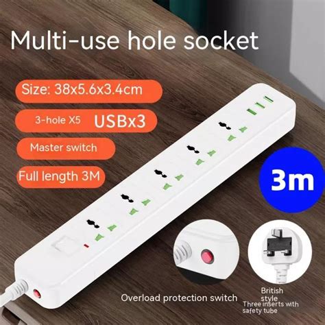 6way Gang 1 Switch Uk Plug Extension 3usb Power Socket Universal Multi