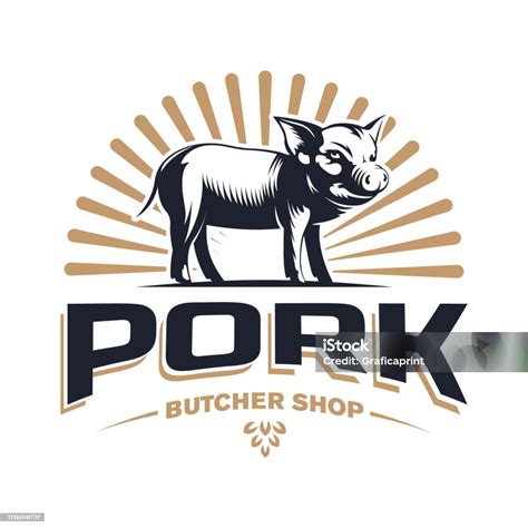 정육점가 게 빈티지 로고 디자인 서식 파일 돼지고기 또는 돼지 실루엣 흰색 배경에 고립손으로 그린 된 벡터 일러스트 레이 션 복고 스타일 0명에 대한 스톡 벡터 아트 및