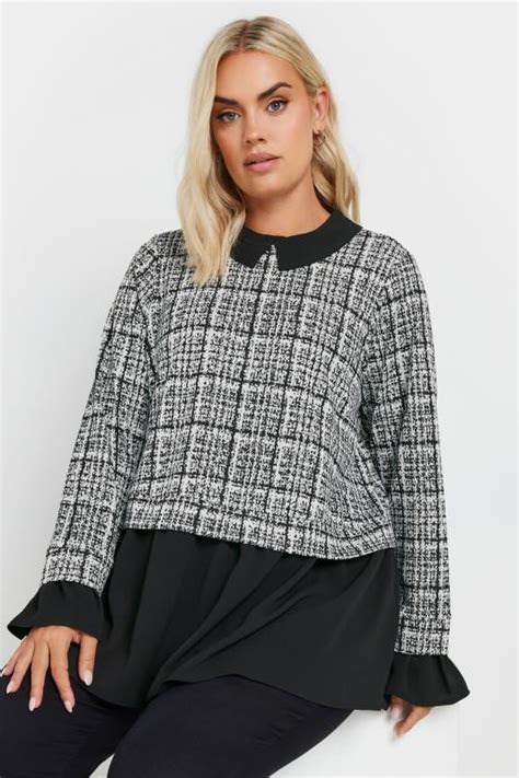 Yours Plus Size Black Jacquard Check 2 In 1 Top Yours Clothing